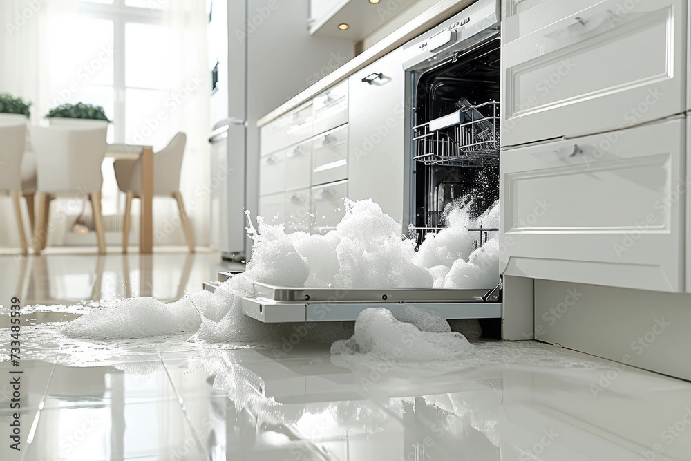 Broken dishwasher leaking in a white modern kitchen with a door open ...