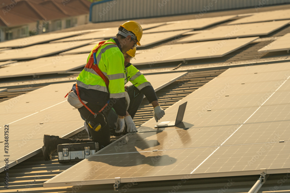 Worker Technicians are working to construct solar panels system on roof ...