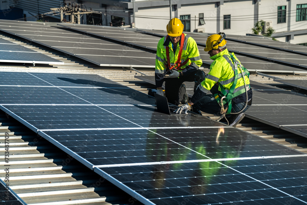 Worker Technicians are working to construct solar panels system on roof ...