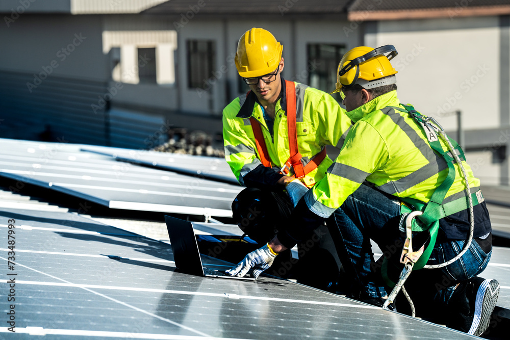 Worker Technicians are working to construct solar panels system on roof ...