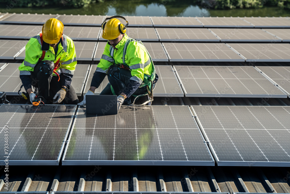 Worker Technicians are working to construct solar panels system on roof ...