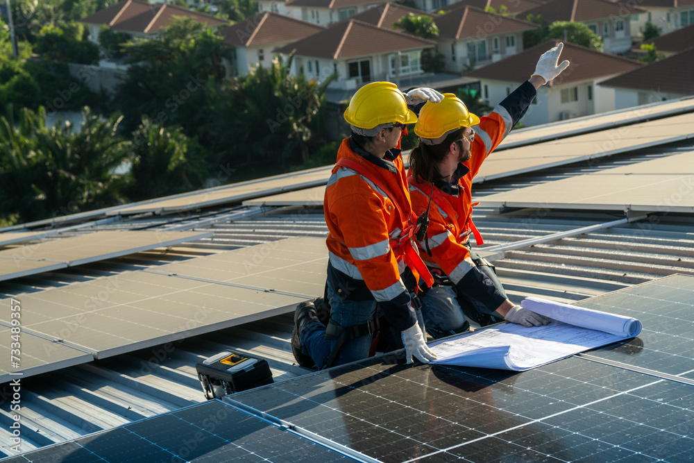 Worker Technicians are working to construct solar panels system on roof ...