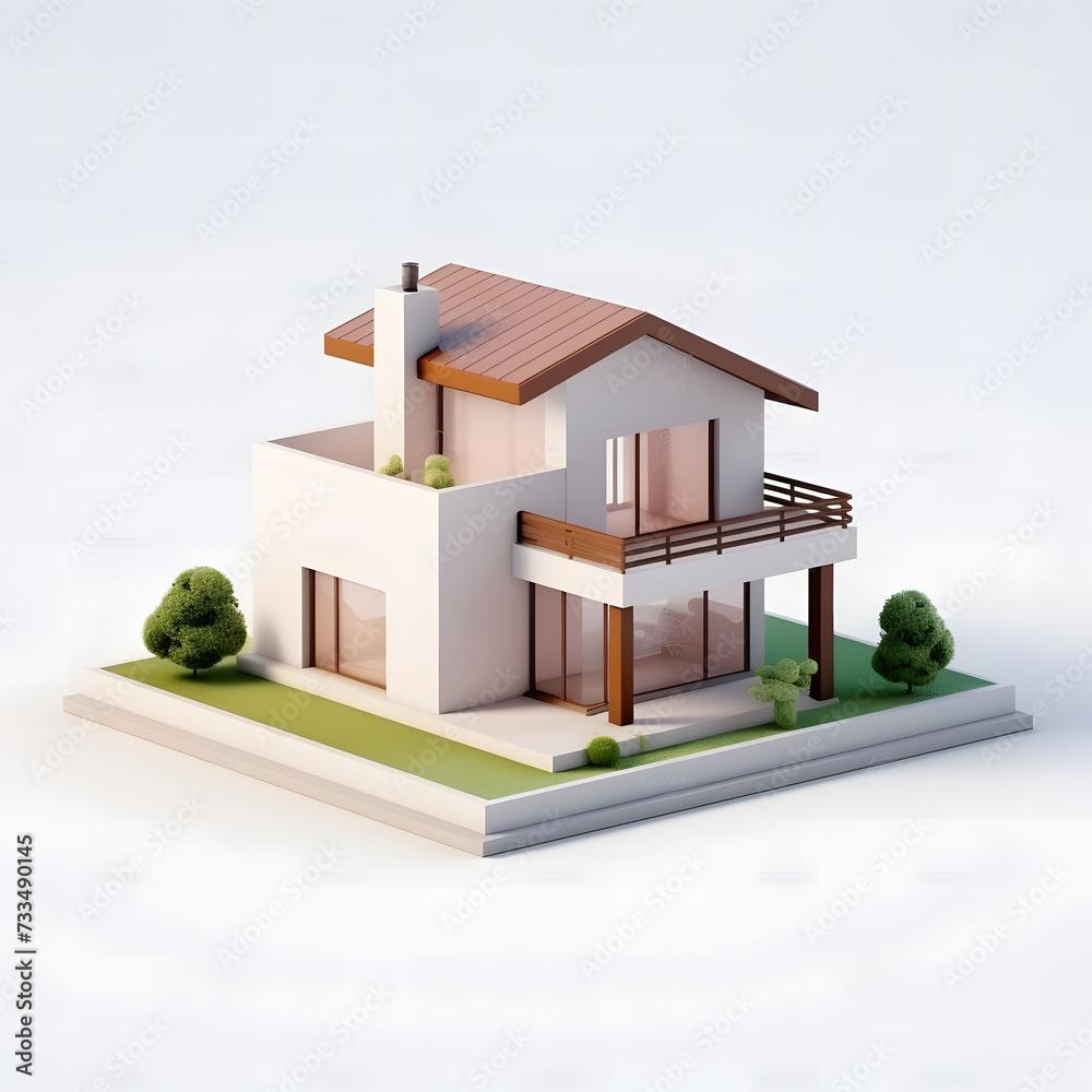 small scale model of a modern house. The house has a simple ...