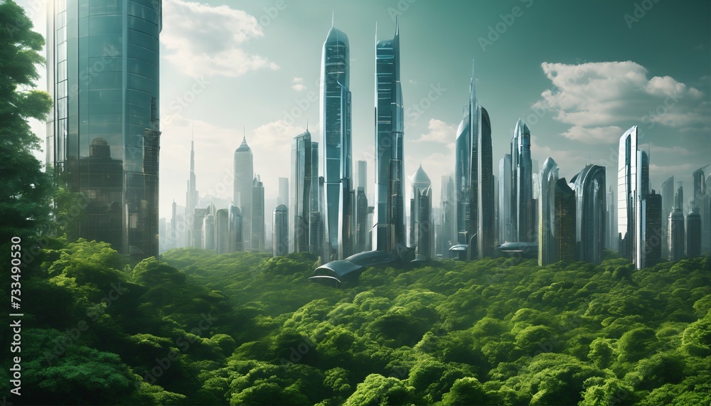 Urban and nature blend in futuristic city with skyscrapers and dense ...