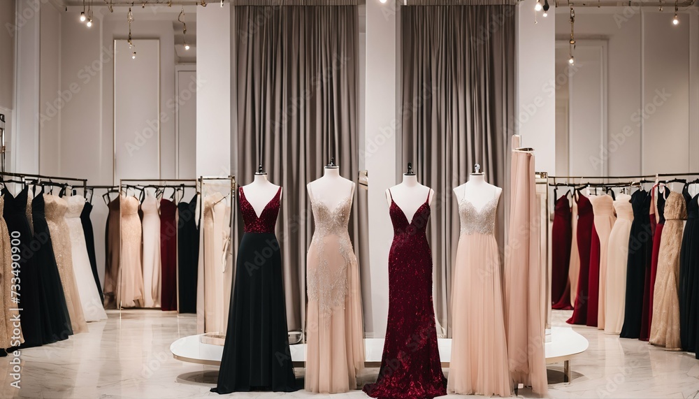 Elegant formal dresses on display in a luxury boutique, featuring prom ...