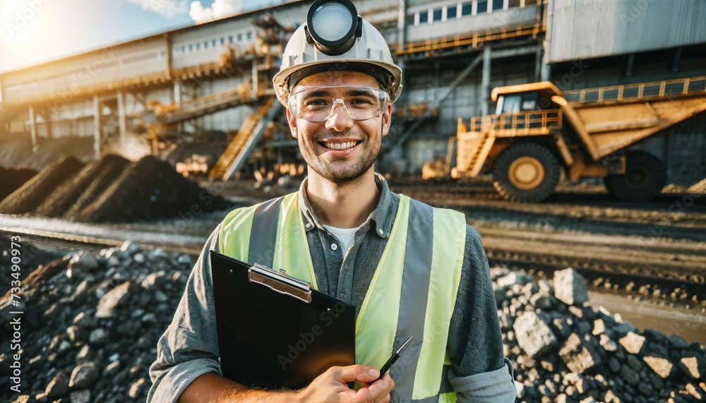 Surveying activities conducted by a worker in a copper open pit mine ...