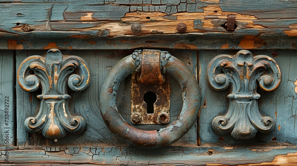 A lock from an old wooden door with signs of use and age. Lock with ...