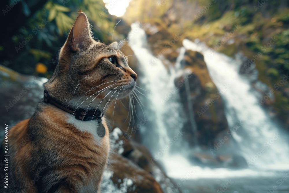 Cat with a collar mesmerized by the sight of a majestic waterfall in a ...