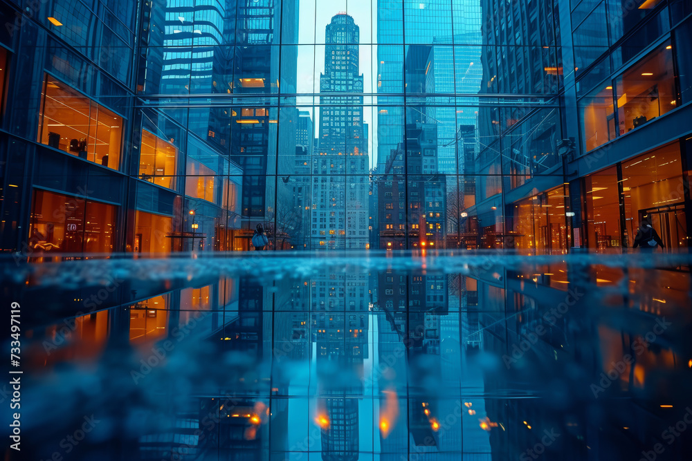 A reflection of skyscrapers on the glass facade of a modern building ...