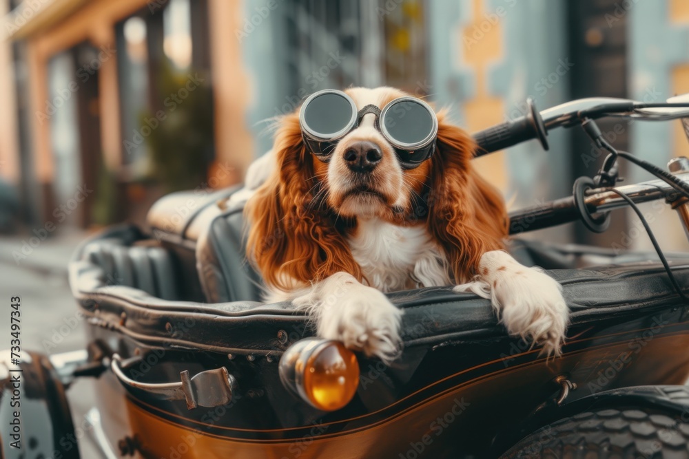Spaniel dog with goggles in the sidecar of a classic motorcycle. Stock ...