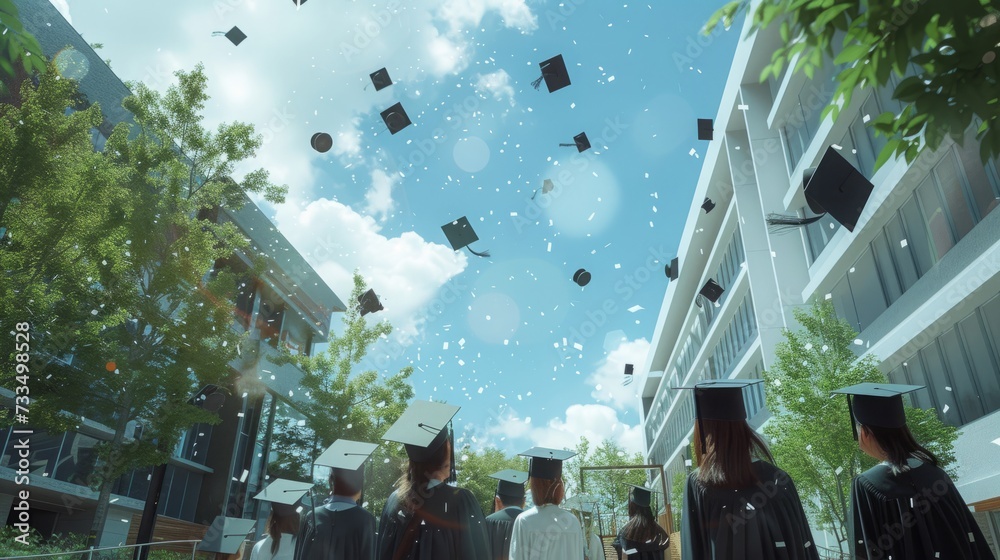 At sunset, the graduation caps are lined up in the sunset to complete ...