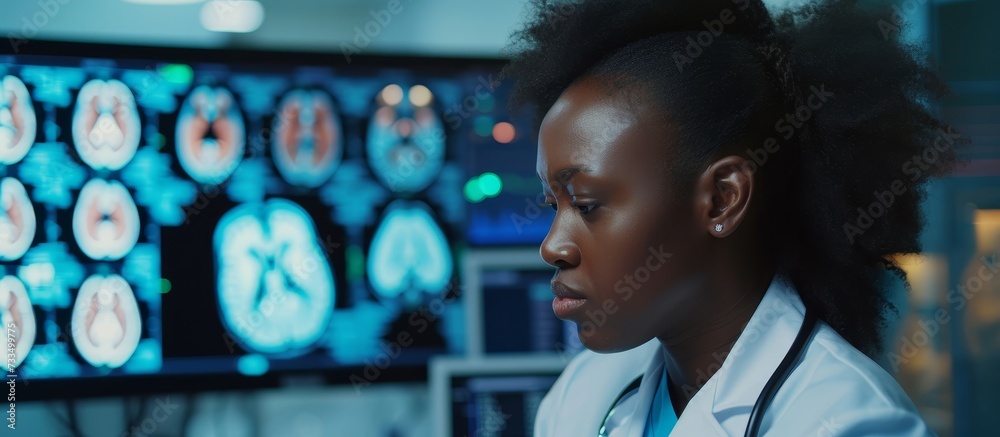 Black female neuroscientist analyzing brain scan MRI images in medical ...
