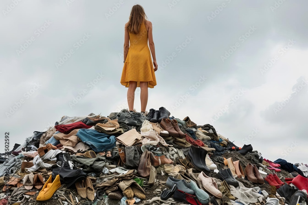 Fashion-forward woman standing atop a large pile of discarded clothes ...