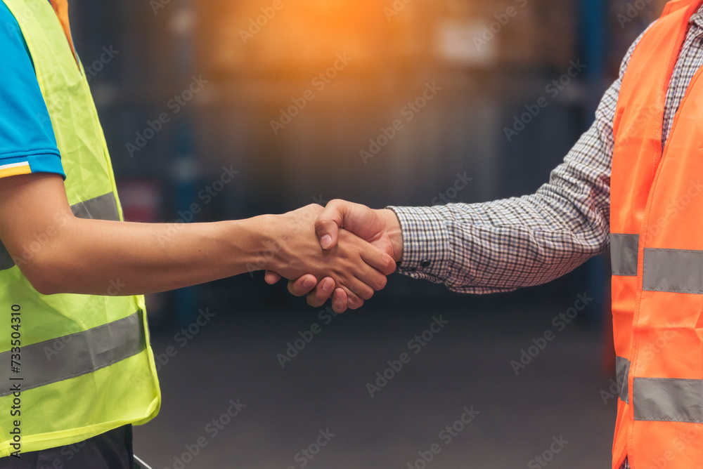 Close up Engineer man hands shakehand together Warehouse partnership ...