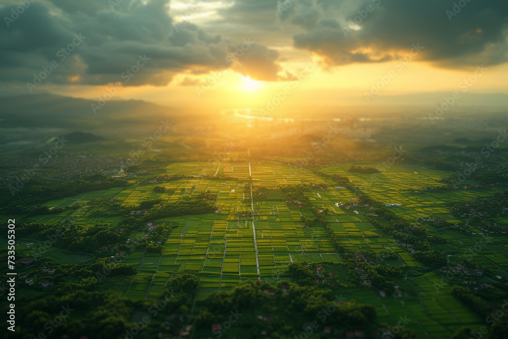 The urban sprawl alongside a patchwork of agricultural fields ...