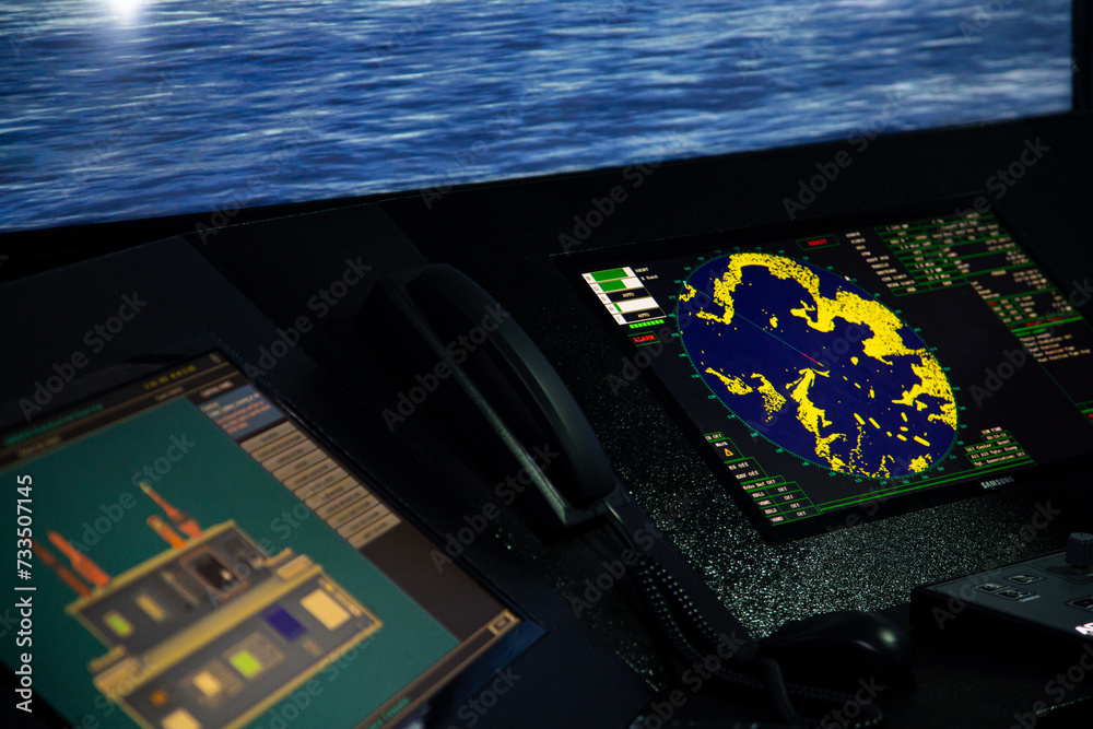 Display of radar, radio, AIS and ECDIS screens in the ship simulator ...
