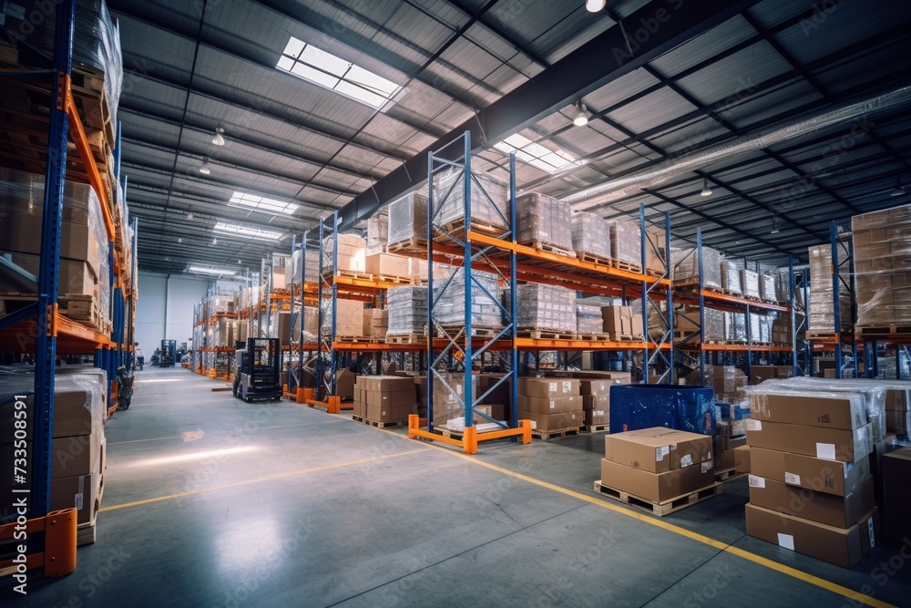 A vast industrial warehouse filled with towering racks of neatly ...
