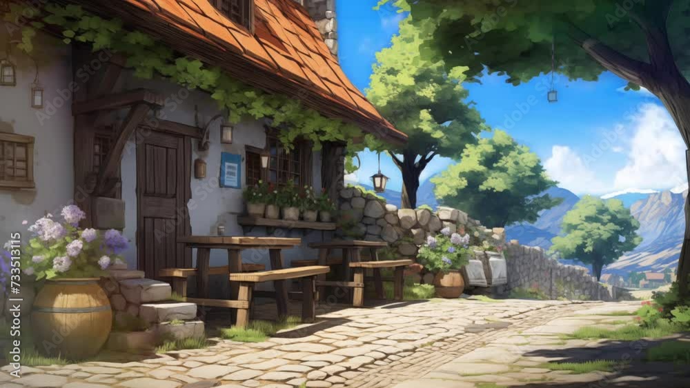 Animation of a traditional shop building in the countryside with ...