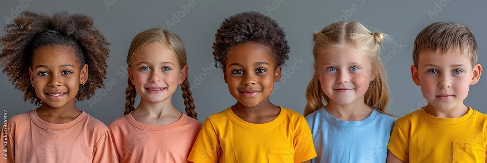 Positive kids of different races pose for a photo session, promoting ...