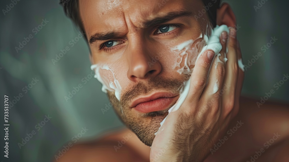 Handsome man taking care of face skin after shaving. Banner background ...