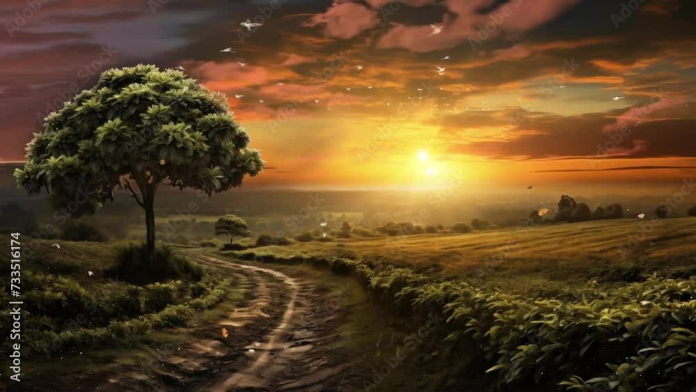 plantation sunset at the coffee field landscape. seamless looping ...