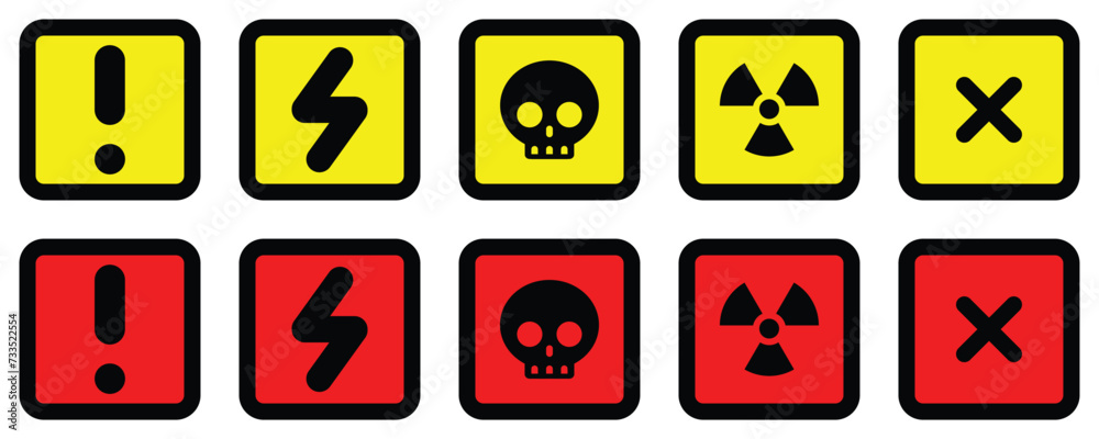 set attention red yellow square sign warning electric alert radioactive ...