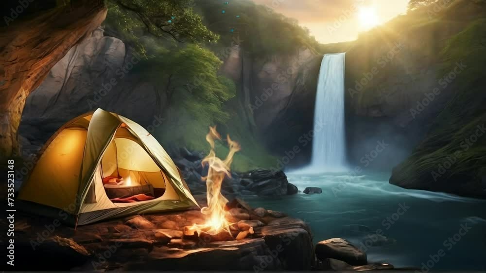 Vidéo Stock Tropical jungle camping near a waterfall with fast and ...