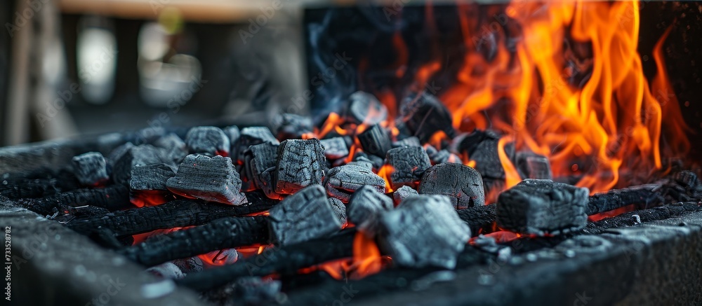 A close up photo of a gas barbecue grill with fiery coals and flames ...