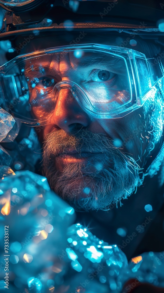 A diamond miner in a detailed close-up with a face marked by hard work ...