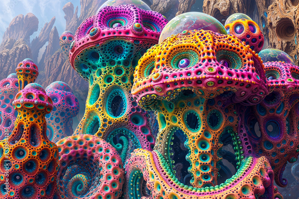 Costal alien architecture design, colorful, tentacle sea creature ...