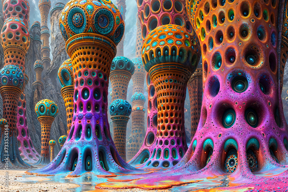 Fractal alien architecture design, colorful, tentacle sea creature ...