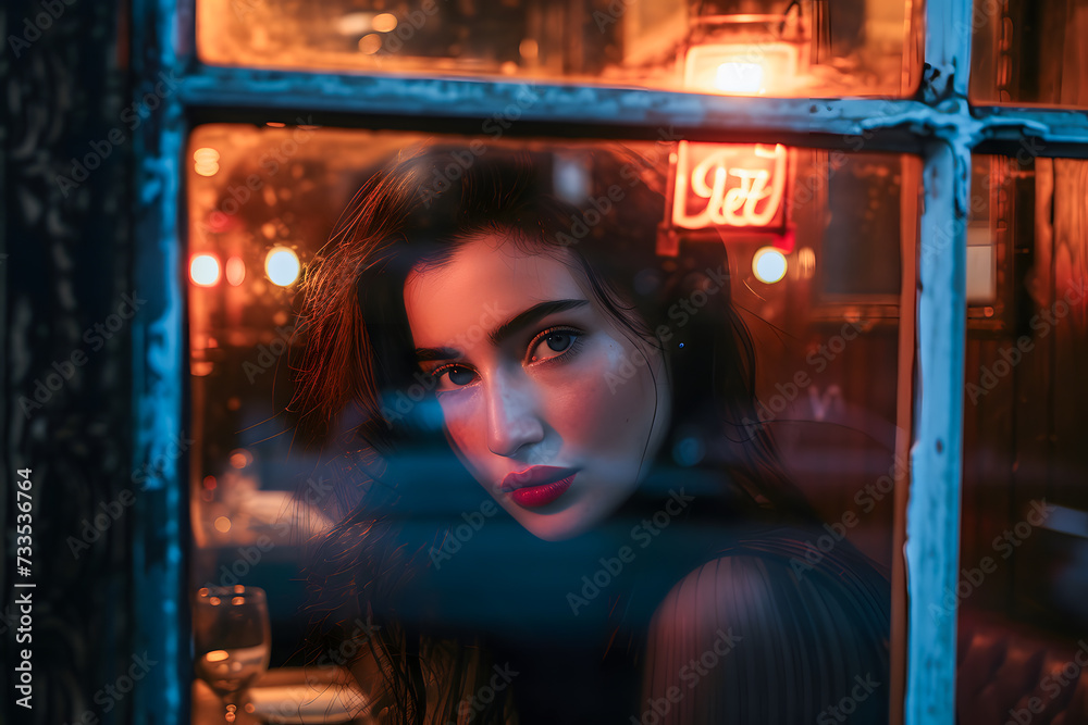 Enigmatic Woman Peering Through a Vintage Window. A captivating woman's ...