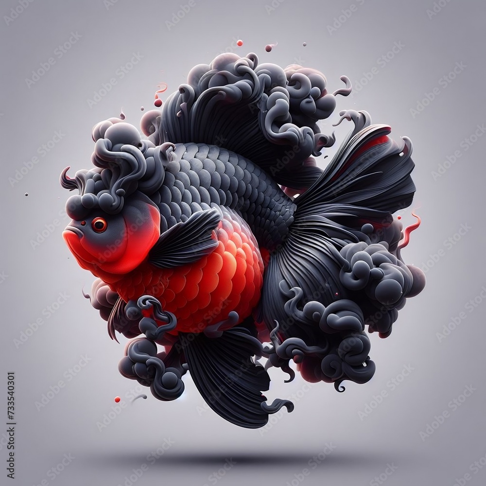 3D logo a picture of a beautiful fat goldfish oranda black red color ...