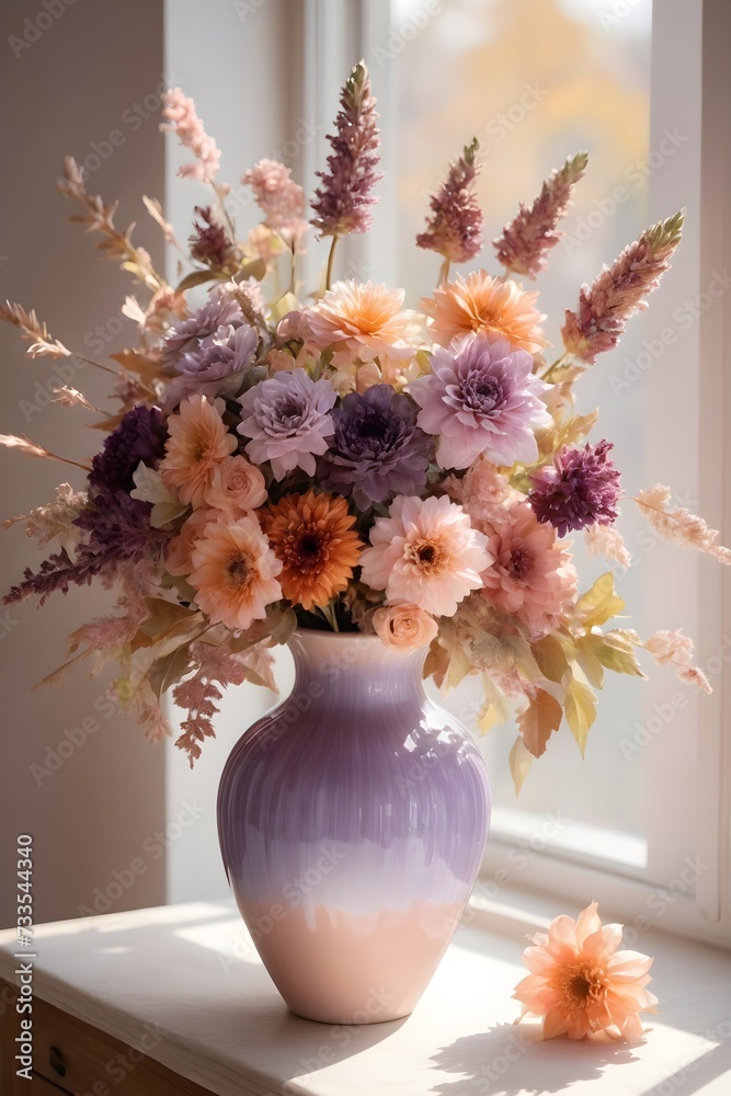 Florero, jarron de ceramica con margaritas y otras flores en colores ...