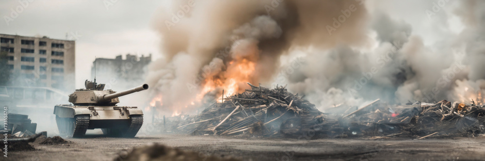 Panoramic view of battle tank with smoke and fire in background ...