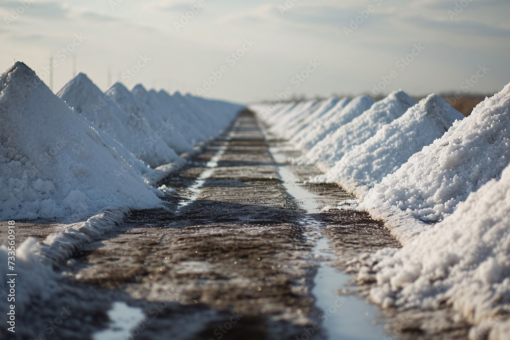Sea salt farm. Pile of white salt. Raw material of salt industrial ...
