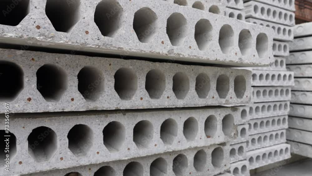 Stack of Prefabricated concrete slabs with hole for construction. Plant ...
