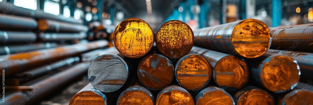 Raw steel round bar kept on warehouse in industrial factory backdrop ...
