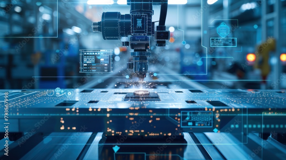 In the manufacturing facility, the AI robotic arm expertly controls the ...