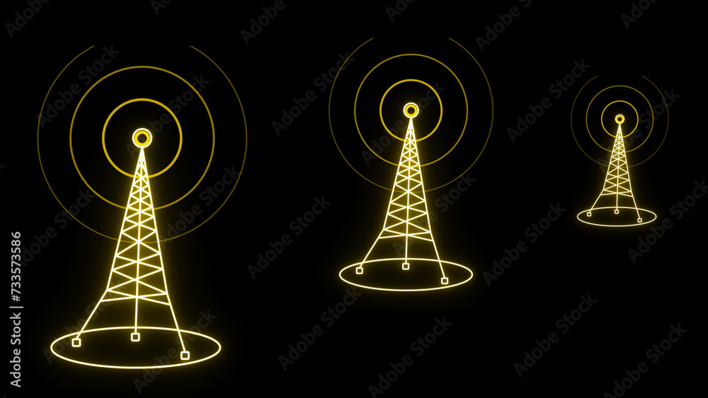 Yellow neon three wireless towers with radio waves on a black ...