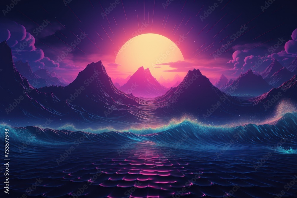 Synthwave sunset, landscape, 80's retro synthwave color design ocean ...