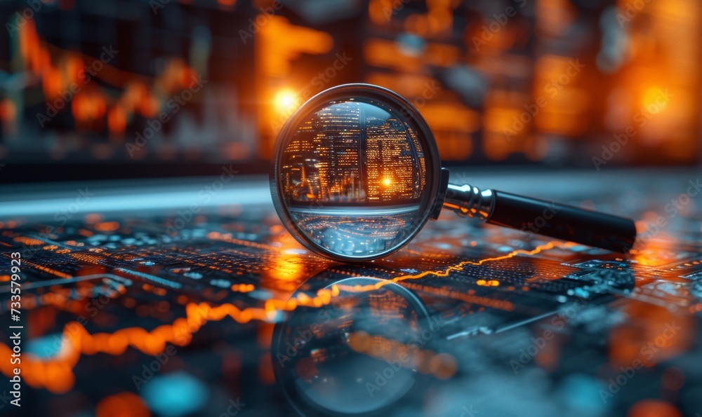 Magnifying glass over glowing city data representation Stock Photo ...