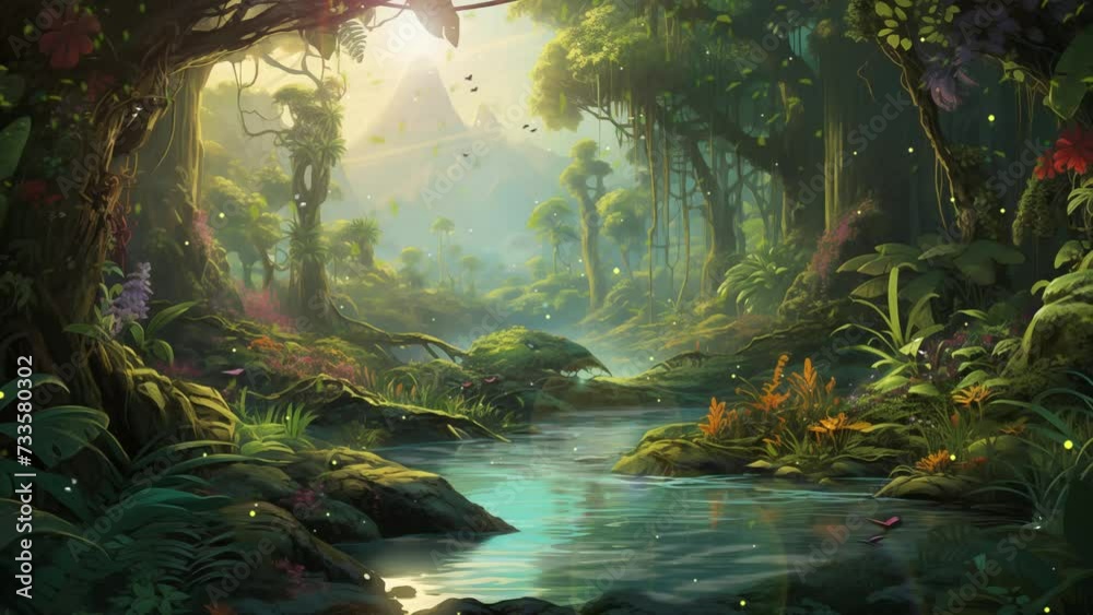 tropical jungle fantasy landscape. seamless looping overlay 4k virtual ...
