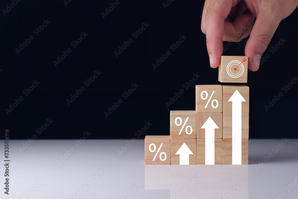 Interest rate and dividend concept. Businessman with percentage symbol ...
