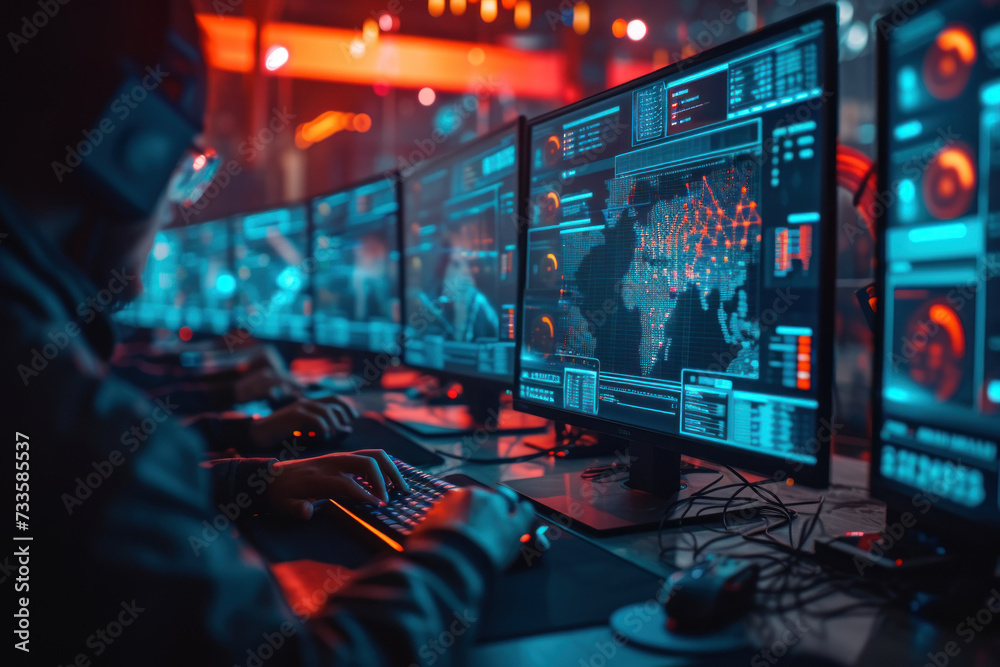 cybersecurity experts work on computers with complex code on screens ...