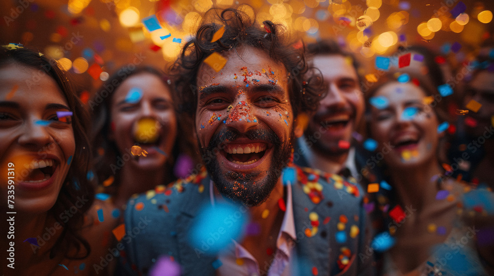Office workers celebrating wildly at a party, disposable camera flash ...