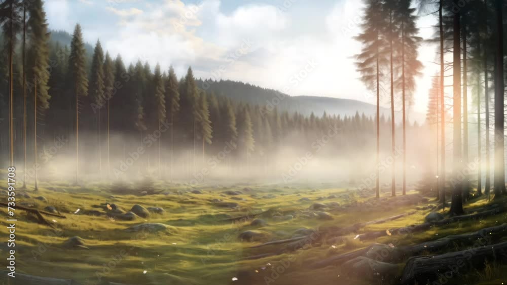 pine and fir forest panorama. nature background with morning forest ...