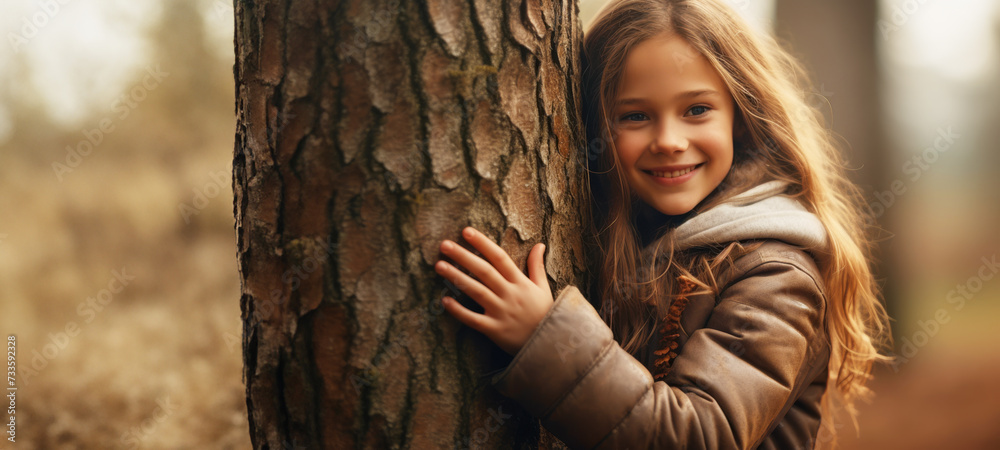 Net zero and carbon neutral concept. Child hugging a tree in the ...