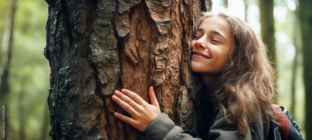 Net zero and carbon neutral concept. Child hugging a tree in the ...