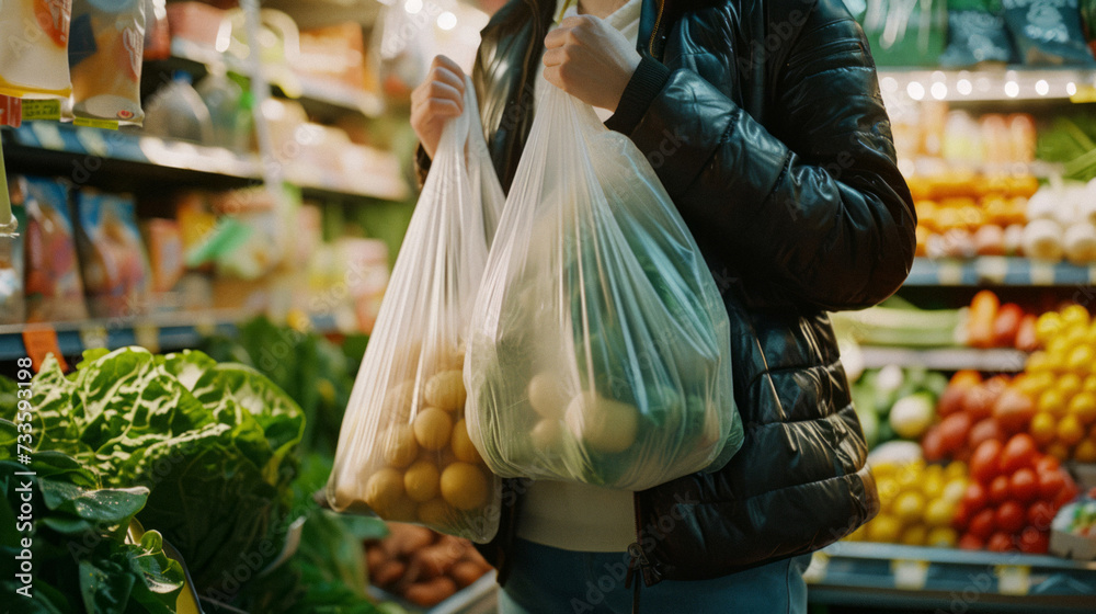 Plastic-Free Shopping: A person using reusable bags and containers to ...